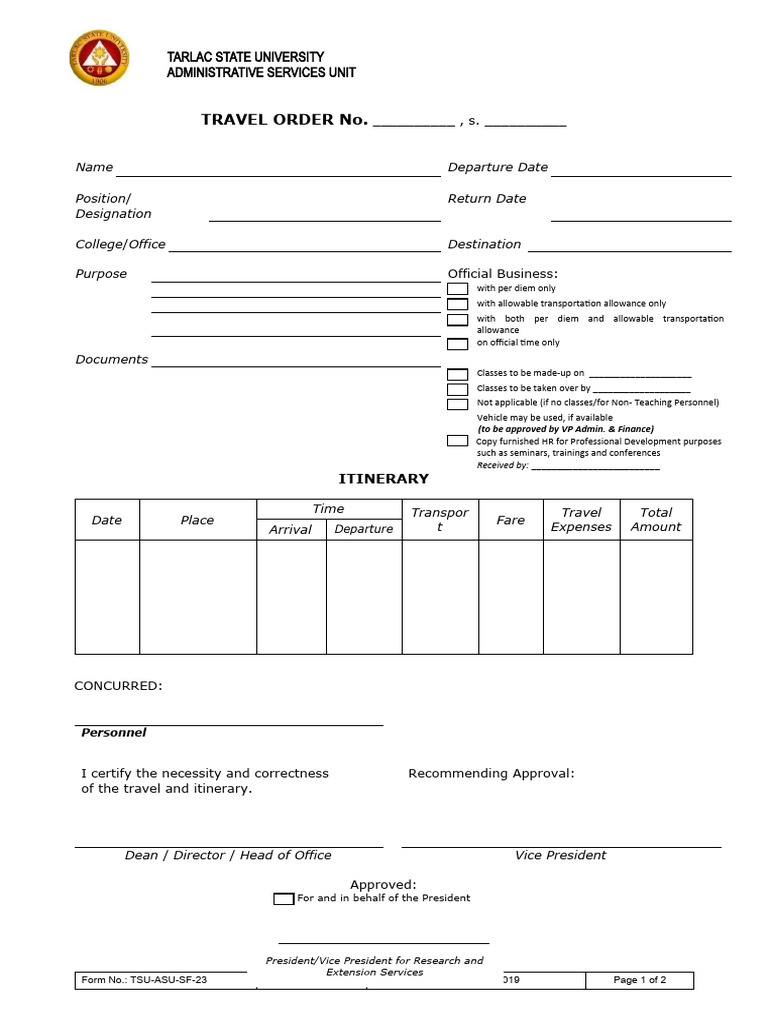 Tsu Asu SF 23 Travel Order | PDF | Per Diem | Government