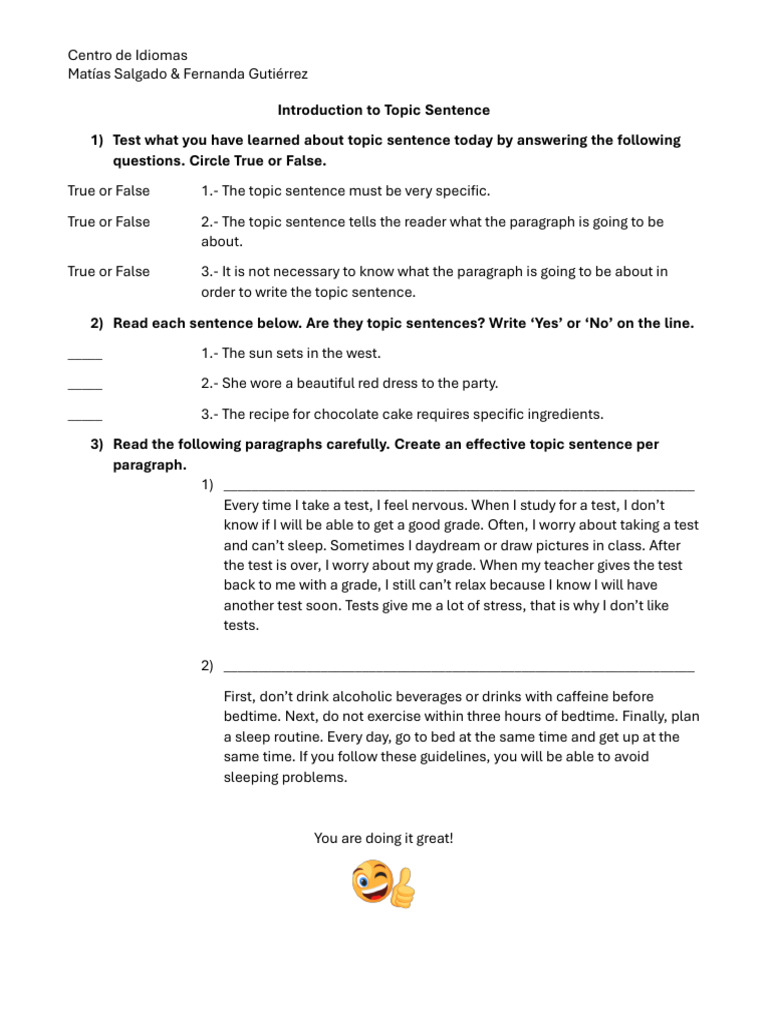 Introduction To Topic Sentence | PDF