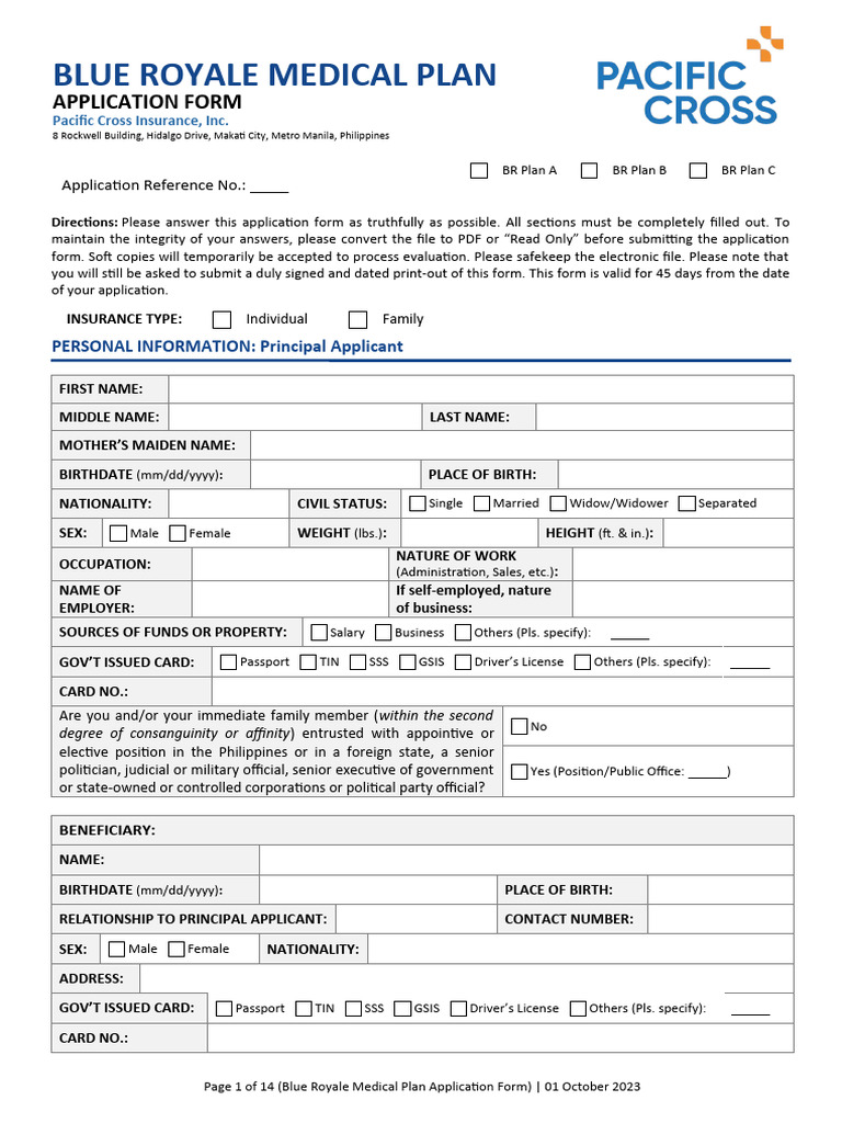 Blue Royale Medical Plan Application Form - Fil-2023-10 (October 1 ...