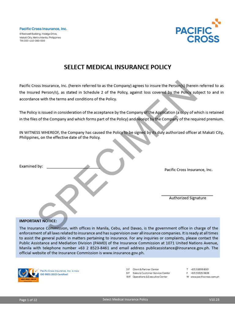 Select Medical Insurance Policy - 2023-10 (October 01) SPECIMEN | PDF