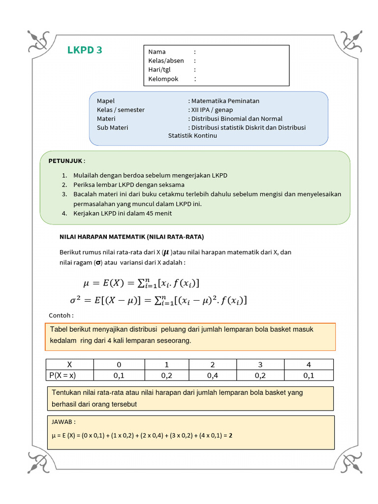 Lembar Latihan - Nilai Rata-Rata (Nilai Harapan Matematik) | PDF