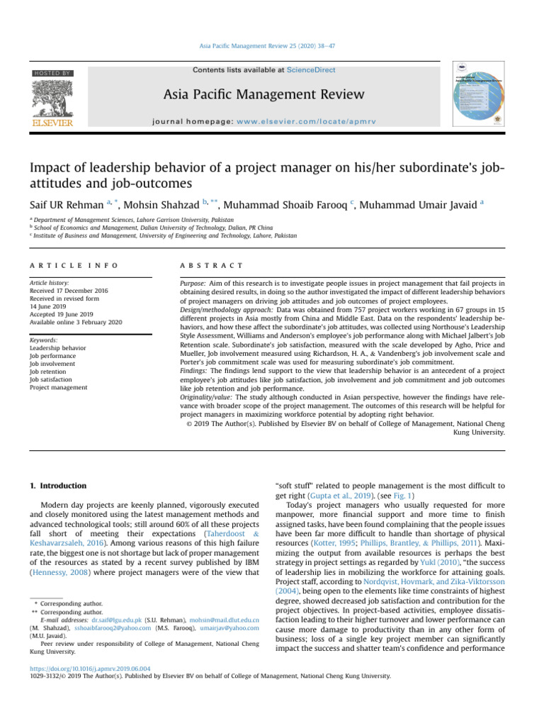 Impact of Leadership Behavior of A Project Manager On His Her ...