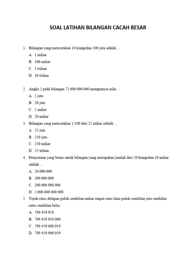 Soal Latihan Bilangan Cacah Besar | PDF | Metode & Bahan Ajar