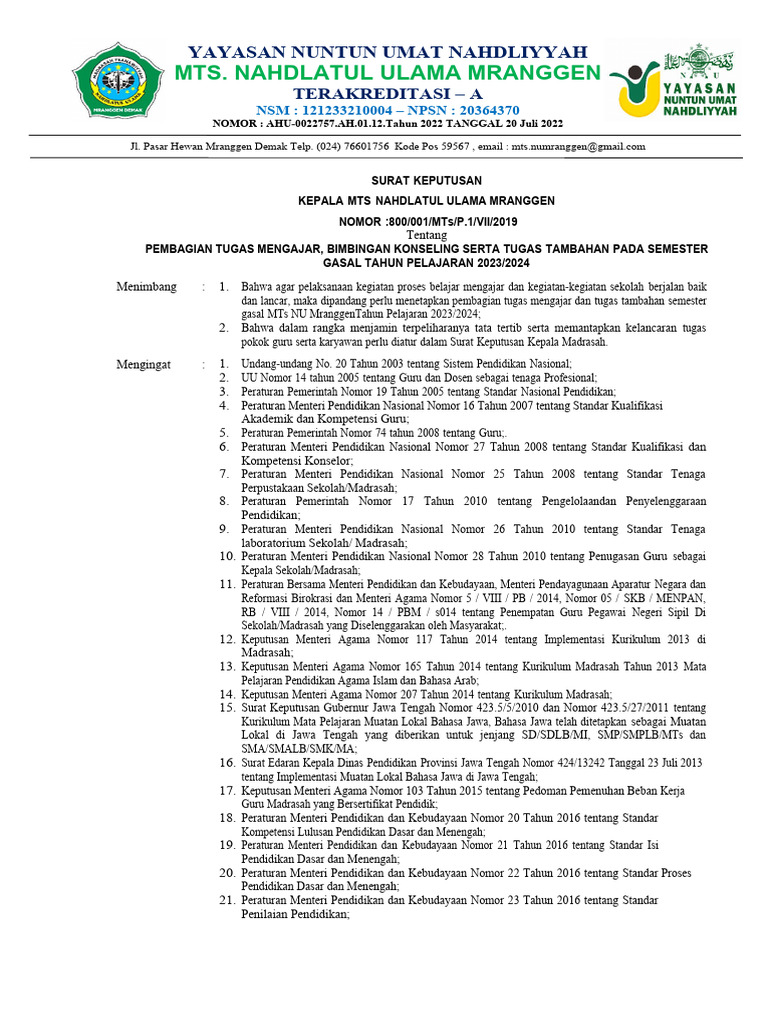 SK PEMBAGIAN TUGAS SEMESTER Gasal 1920 | PDF