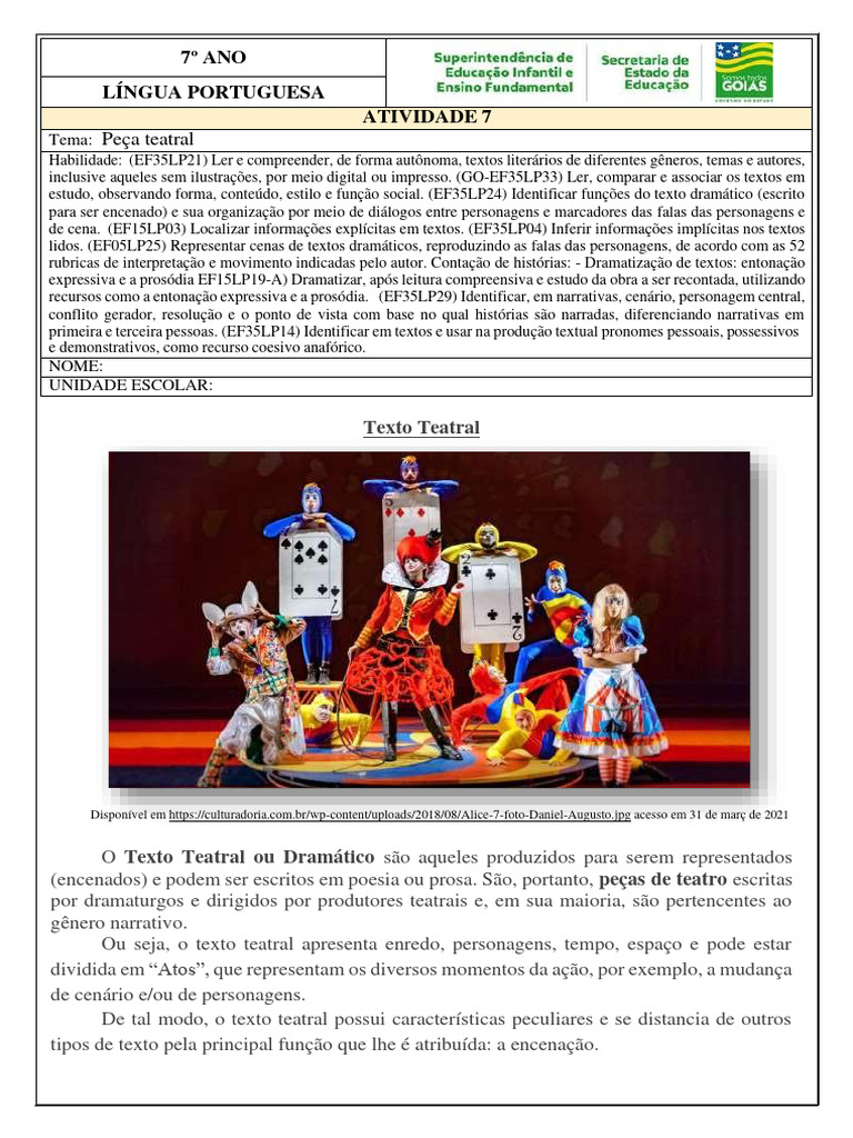 Atividades Texto Teatral 7º | PDF | Teatro