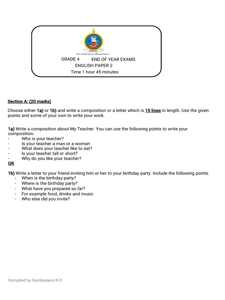 Grade 4 English Exam: Writing & Comprehension | PDF