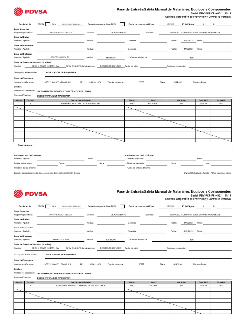 Pase de Control de Maquinaria PDVSA | PDF
