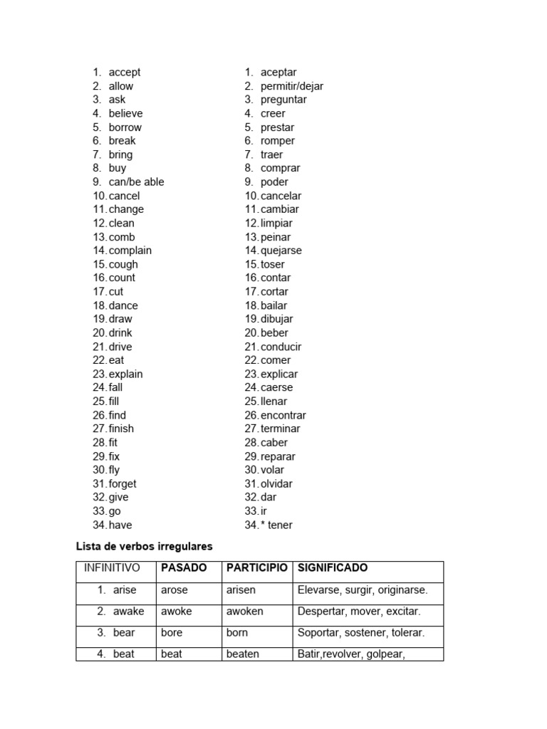 Verbos Regulares e Irregulares | PDF