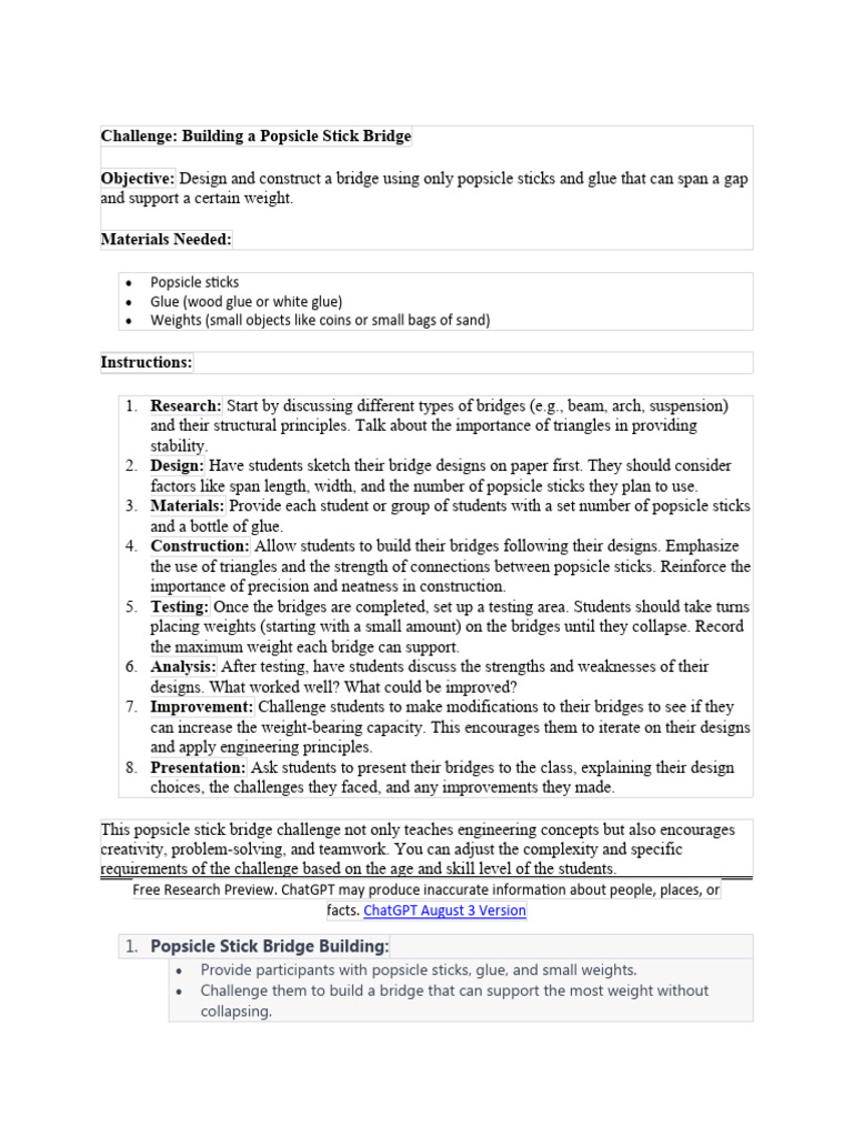 Challenge: Building A Popsicle Stick Bridge Objective: Design and ...