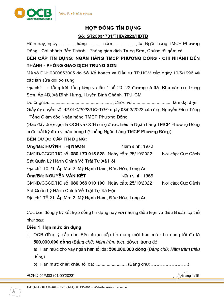 PCTT-QD-01-M03 - Hop Dong Tin Dung Han Muc - Ca Nhan 1.9.2023 | PDF