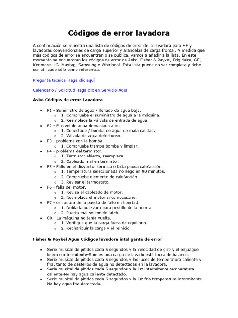 Códigos de Error Lavadora | Descargar gratis PDF | Lavadora | Relé
