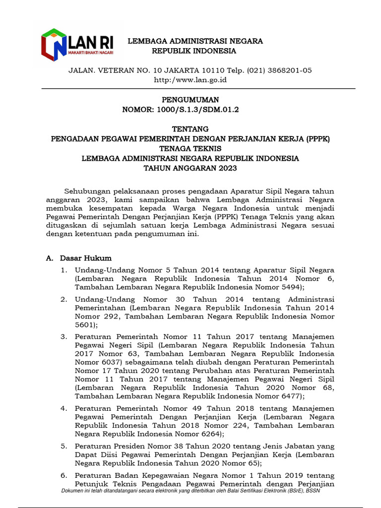 Pengumuman PPPK LAN T.A. 2023 | PDF