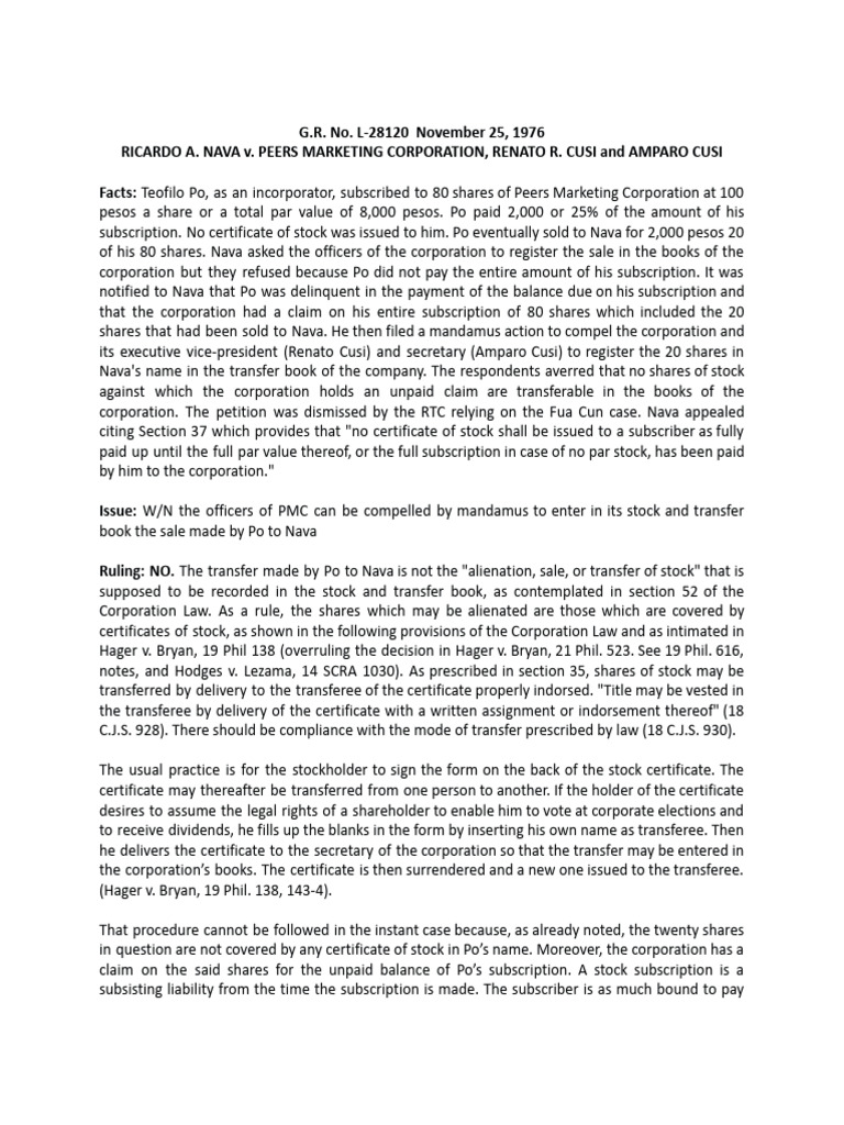Nava vs. Peers Marketing, 74 SCRA 65 | PDF | Stocks | Subscription ...
