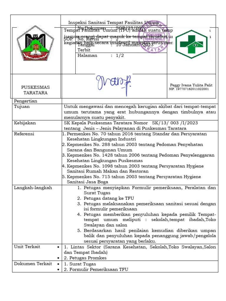 SOP Inspeksi Sanitasi Tempat Fasilitas Umum | PDF | Pengembangan Diri