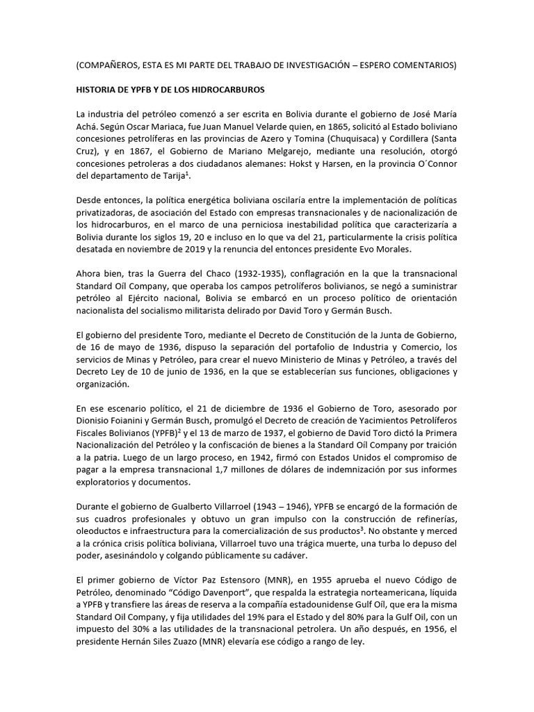 Qué Es Ypfb - Historia | PDF | Bolivia | Economias