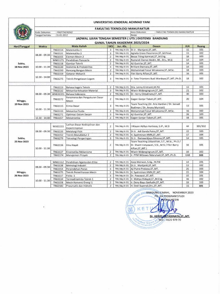 Jadwal UTS Fakultas Teknologi Manufaktur 2023 | PDF