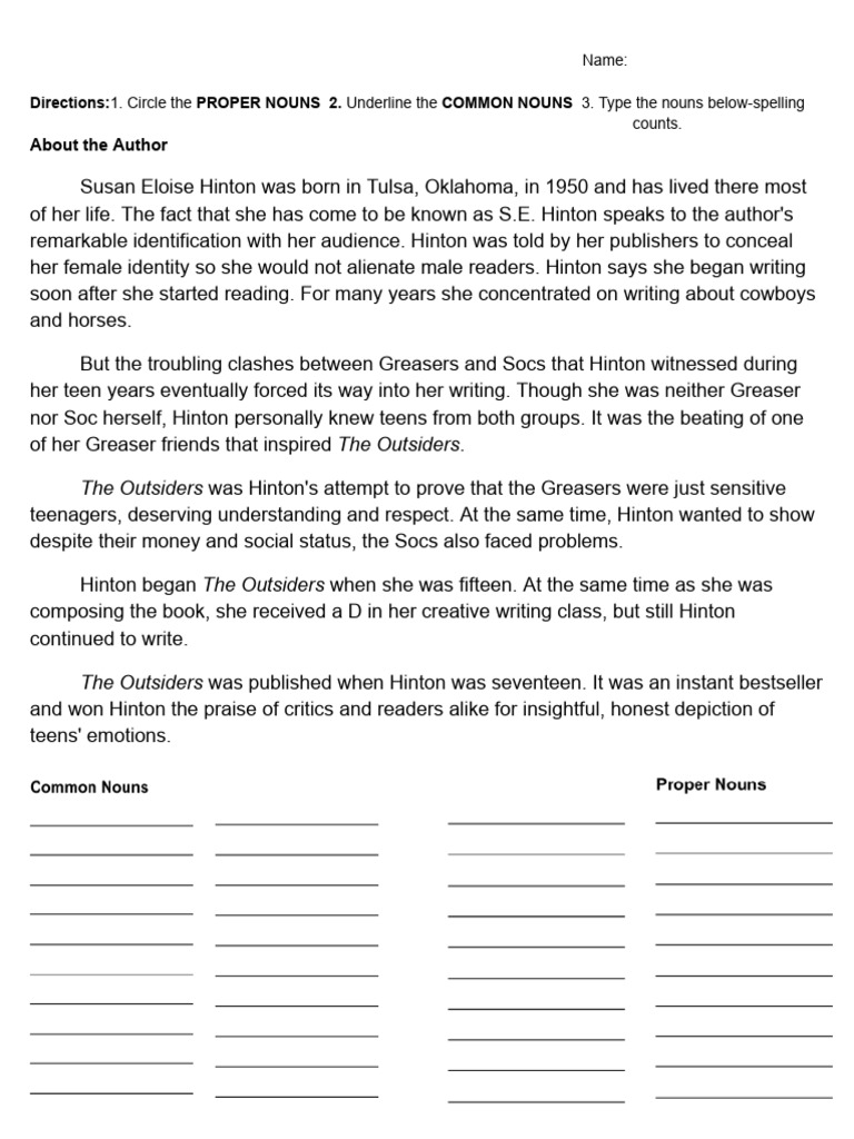 Common and Proper Nouns S.E. Hinton | PDF