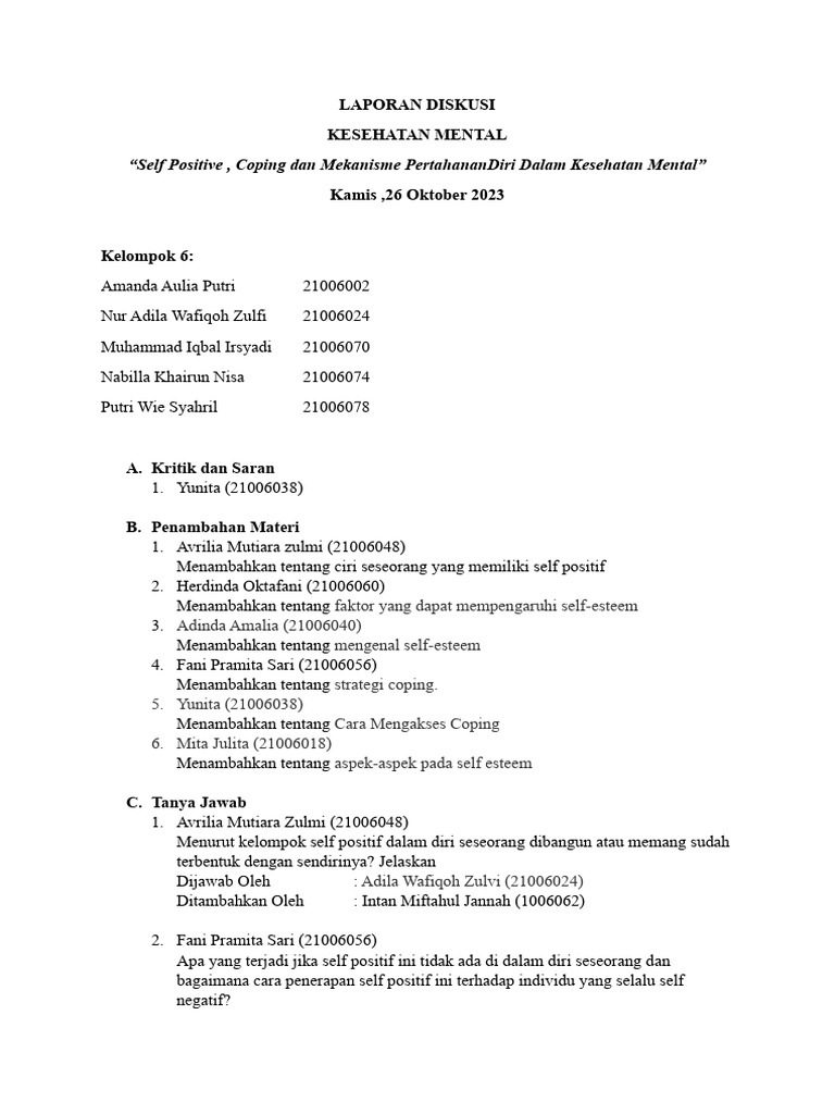 Laporan Diskusi Kesehatan Mental Kelompok 6 | PDF | Pengembangan Diri