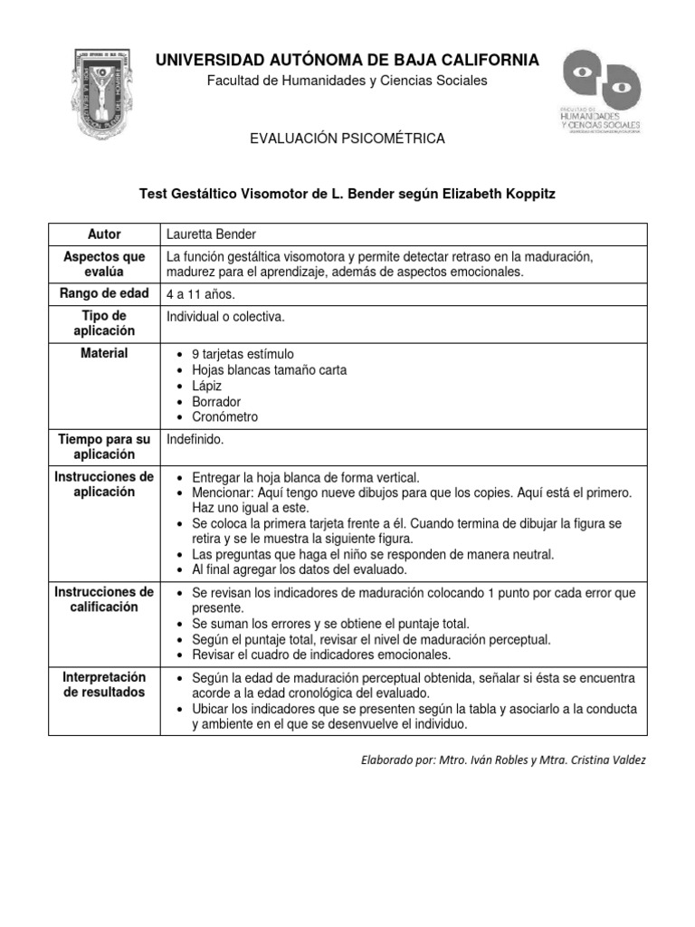 Test Bender: Evaluación Psicométrica Infantil | PDF