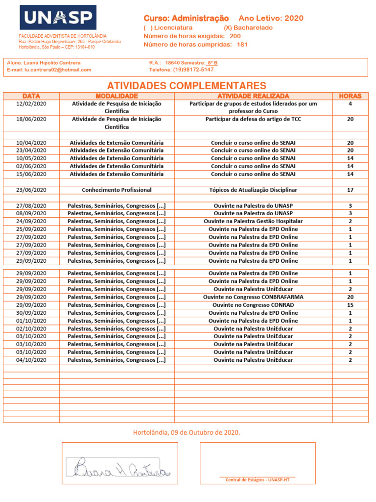 Ficha de Atividades Complementares 181 HORAS Unasp | PDF