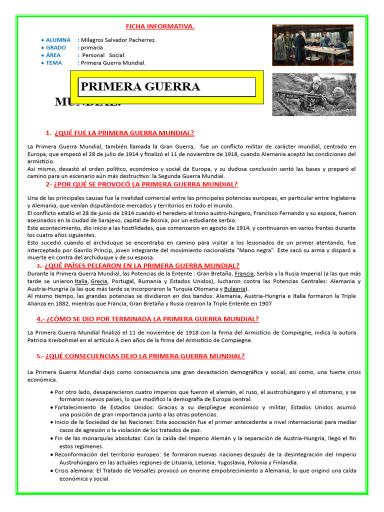 Ficha Informativa de La Primera Guerra Mundial | PDF | Primera Guerra Mundial | Austria Hungría