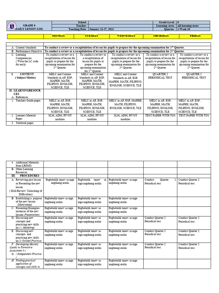 Review All Subjects DLL 10 | PDF