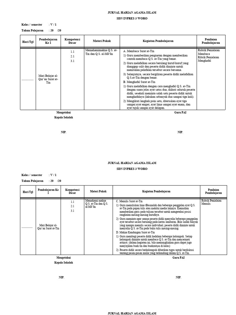 Jurnal Harian Pai Kelas 5 Semester 1 | PDF