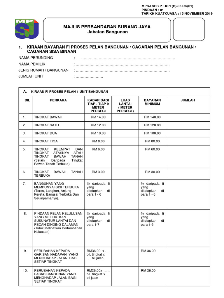 Kiraan Bayaran Fi Proses Pelan Bangunan Cagaran Pelan Bangunan Cagaran ...
