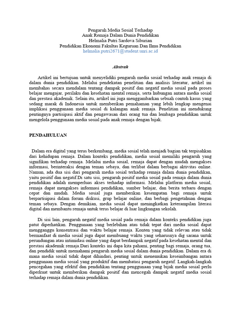 Pengaruh Media Sosial Terhadap Anak Remaja Dalam Dunia Pendidikan | PDF