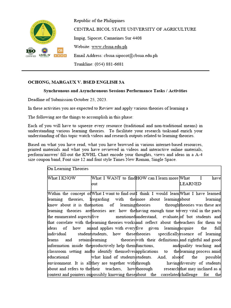Synchronous and Asynchronous Session Performance Task 1 | PDF | Classical Conditioning ...