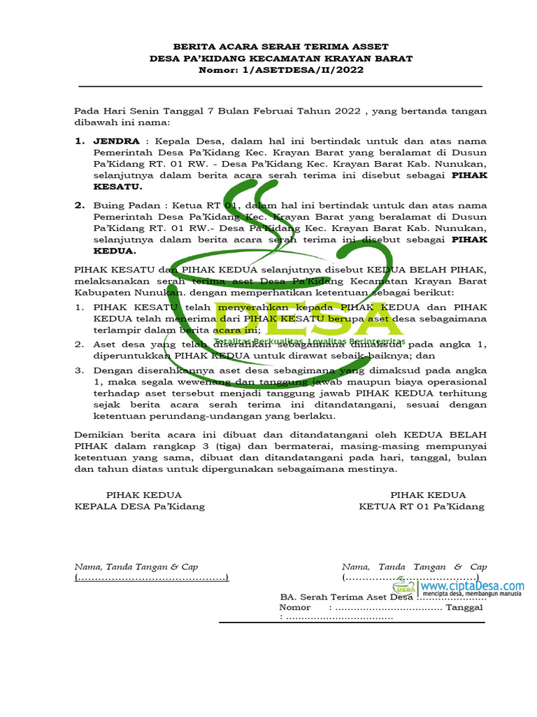 Berita Acara Serah Terima Aset Desa | PDF | Pengelolaan Keuangan & Uang ...