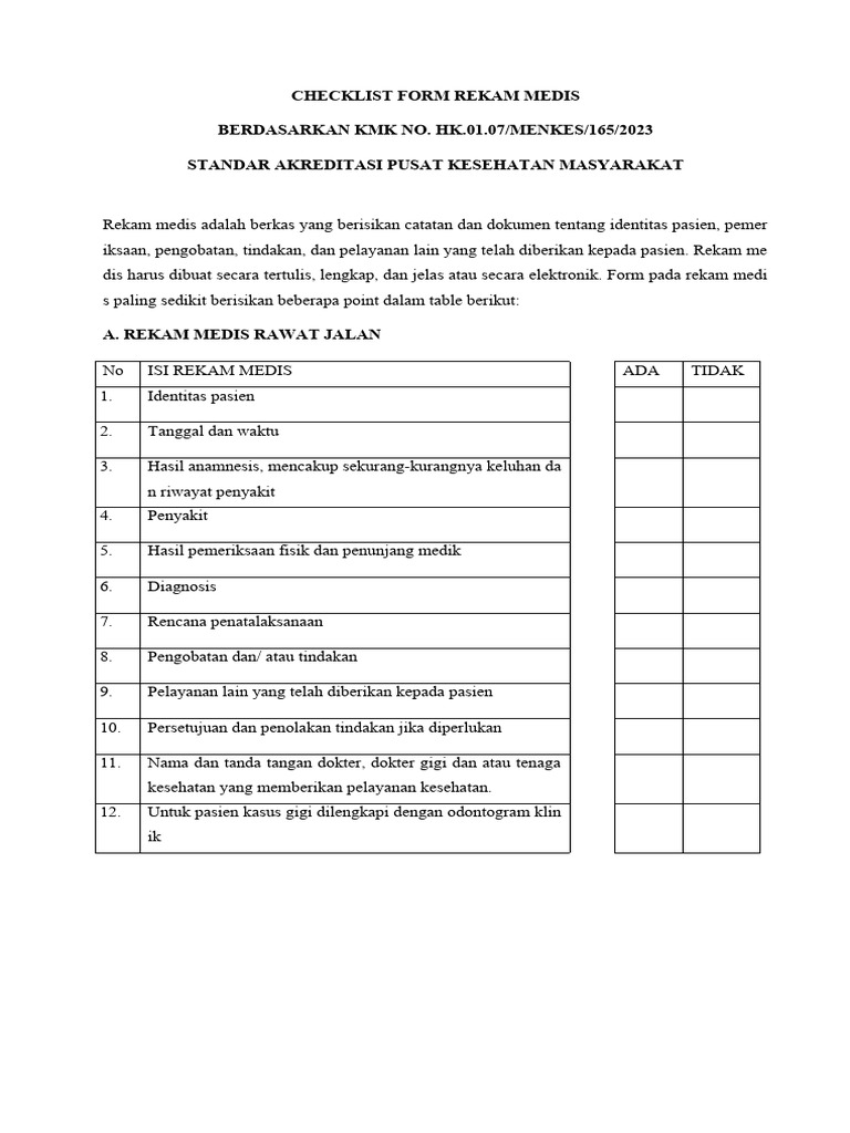 3.8 Checklist Form Rekam Medis | PDF