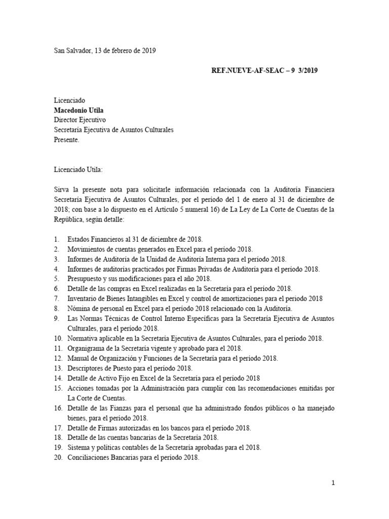 Req. 1 Información - 01-2021 | Descargar gratis PDF | Auditoría