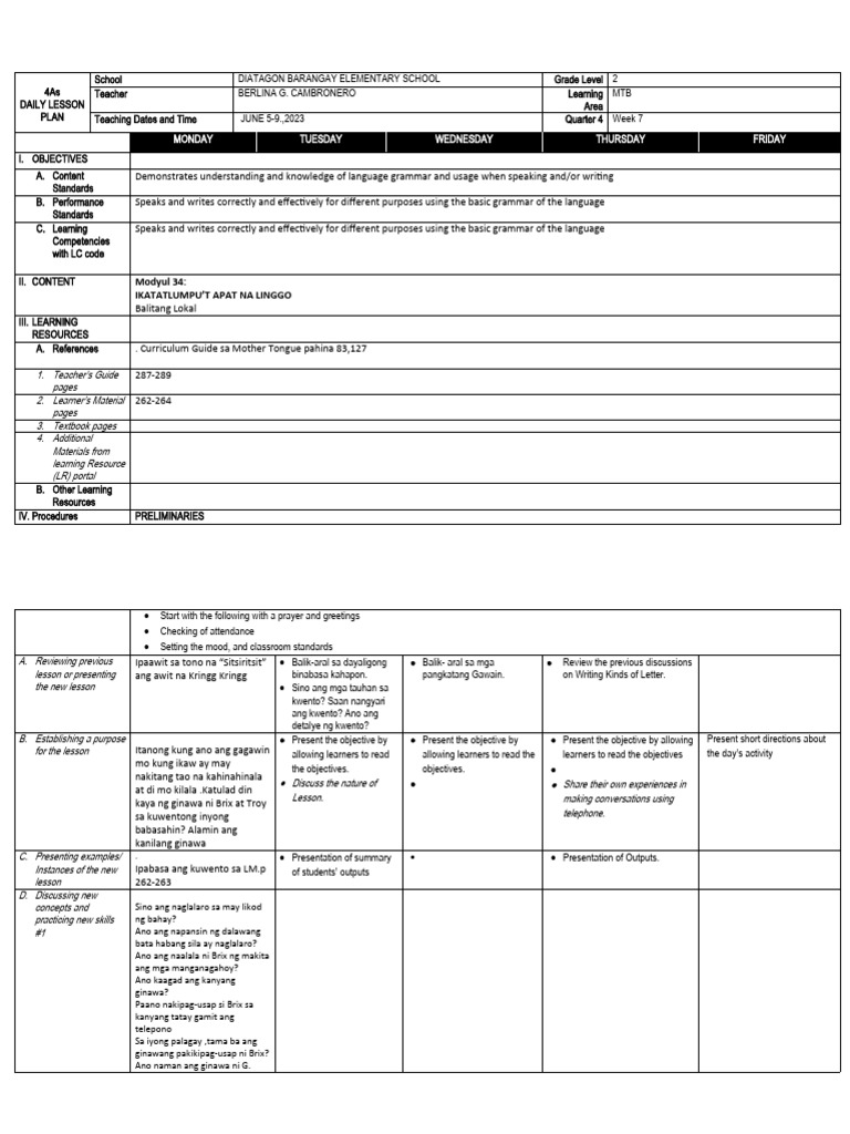 4th Quarter 4 AS DLL Week 7 | PDF | Learning | Teachers