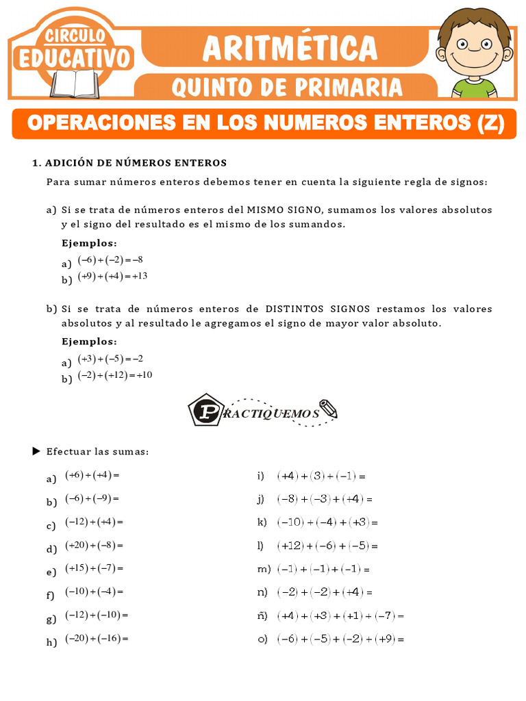 Operaciones en Los Numeros Enteros Para Quinto de Primaria (1) | PDF ...