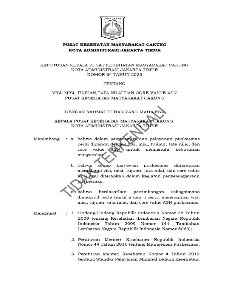 SK Visi, Misi, Tujuan Dan Tata Nilai (TIDAK TERKENDALI) | PDF