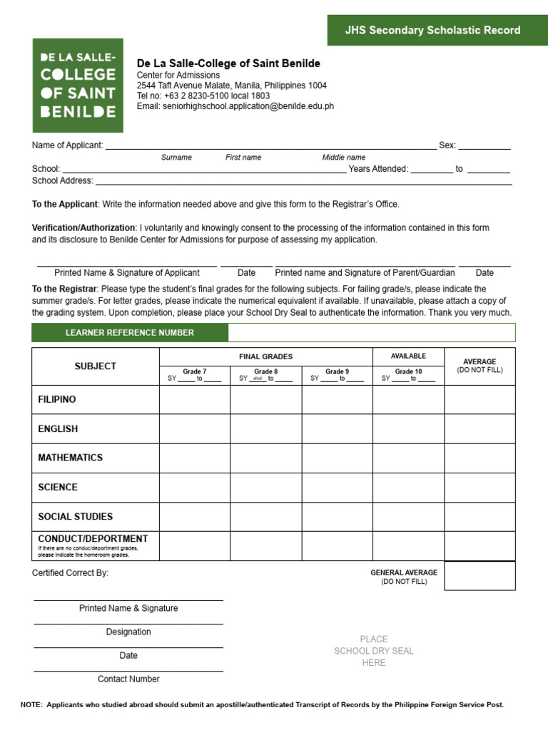 SHS Secondary Scholastic Record AY 2023 2024 Fillable | PDF