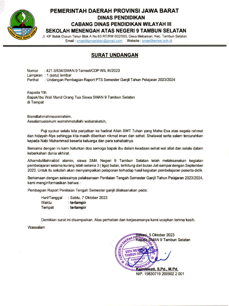 Surat Undangan Pembagian Raport PTS Semester Ganjil T.P 2023.2024 | PDF