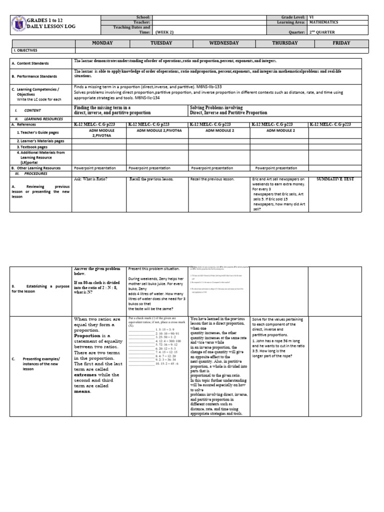 DLL Mathematics 6 q2 w2 | PDF | Ratio | Learning