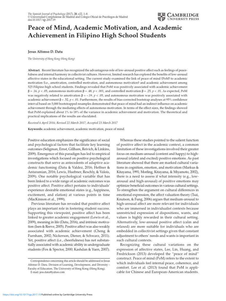 Peace of Mind Academic Motivation and Academic Achievement in Filipino High School Students ...