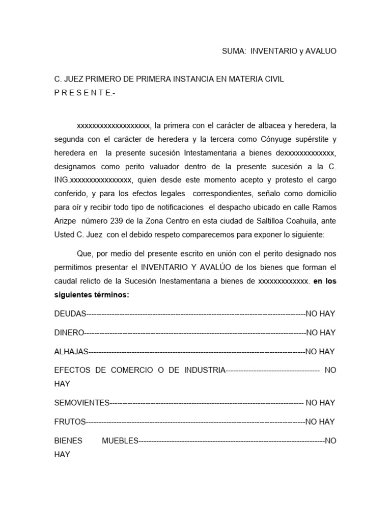 INVENTARIO Y AVALUO Juicio Sucesorio | PDF
