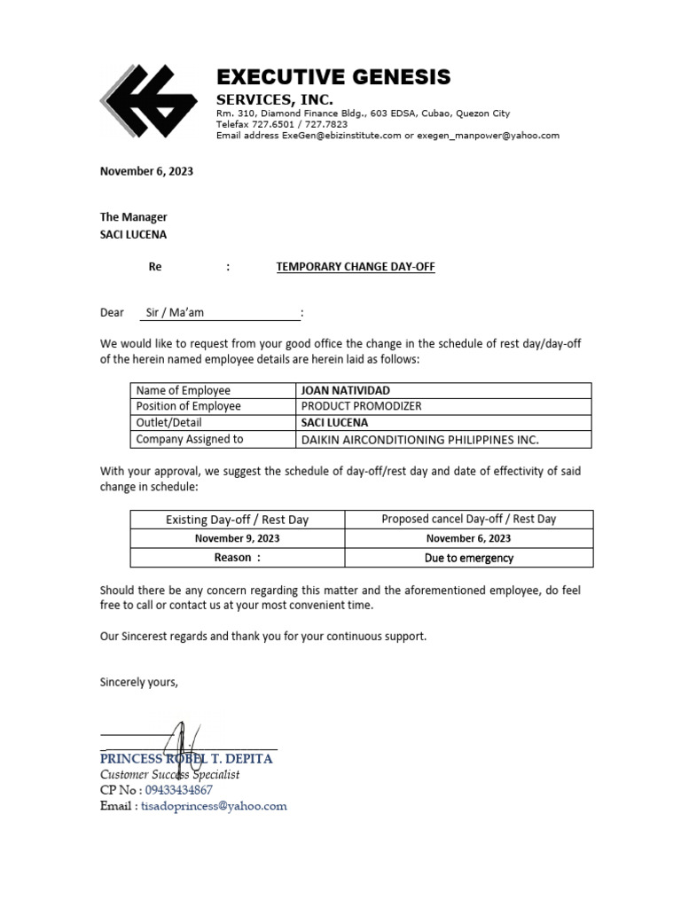 Change Day Off Natividad 4 | PDF