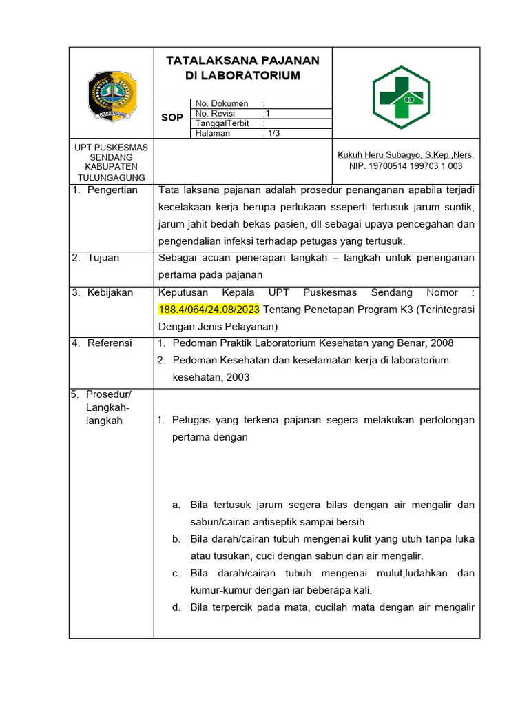 Sop Tata Laksana Pajanan Di Laboratorium | PDF