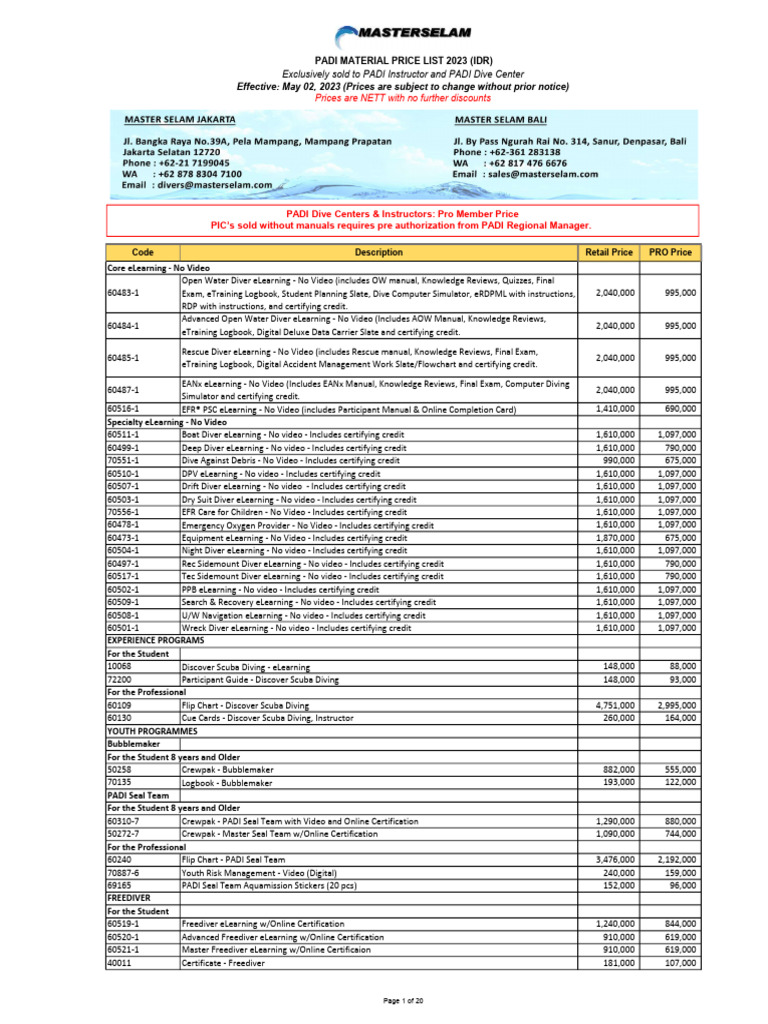 MSI - PADI Price List May 02, 2023 - Instructor & Dive Center (Internal ...