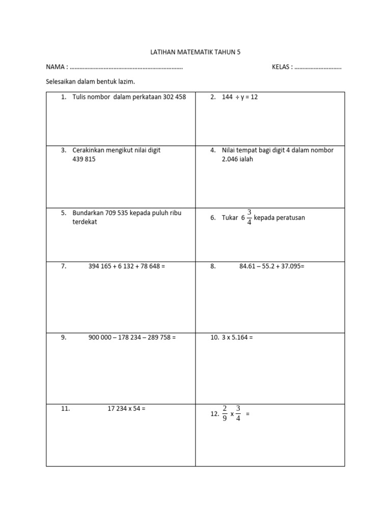 Latihan Matematik Tahun 5 | PDF