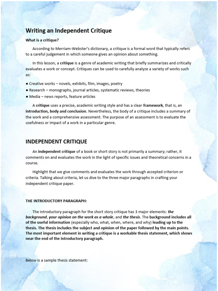 Writing An Independent Critique I | PDF