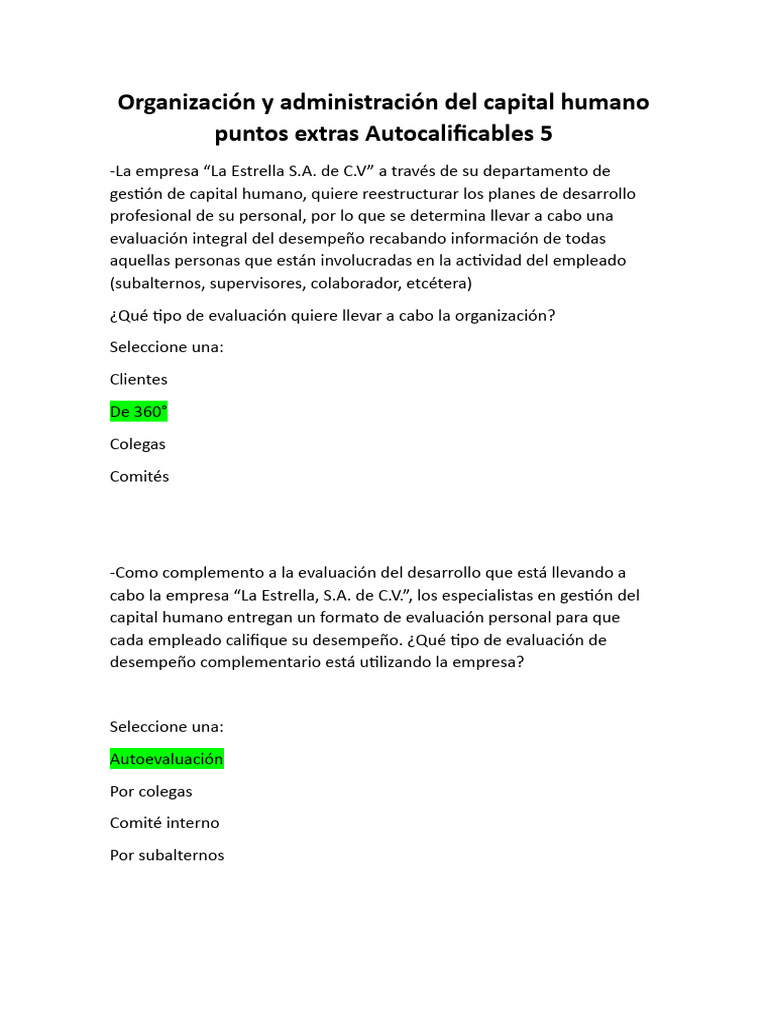 Organización y Administración Del Capital Humano Puntos Extras Autocalificables 5 | PDF