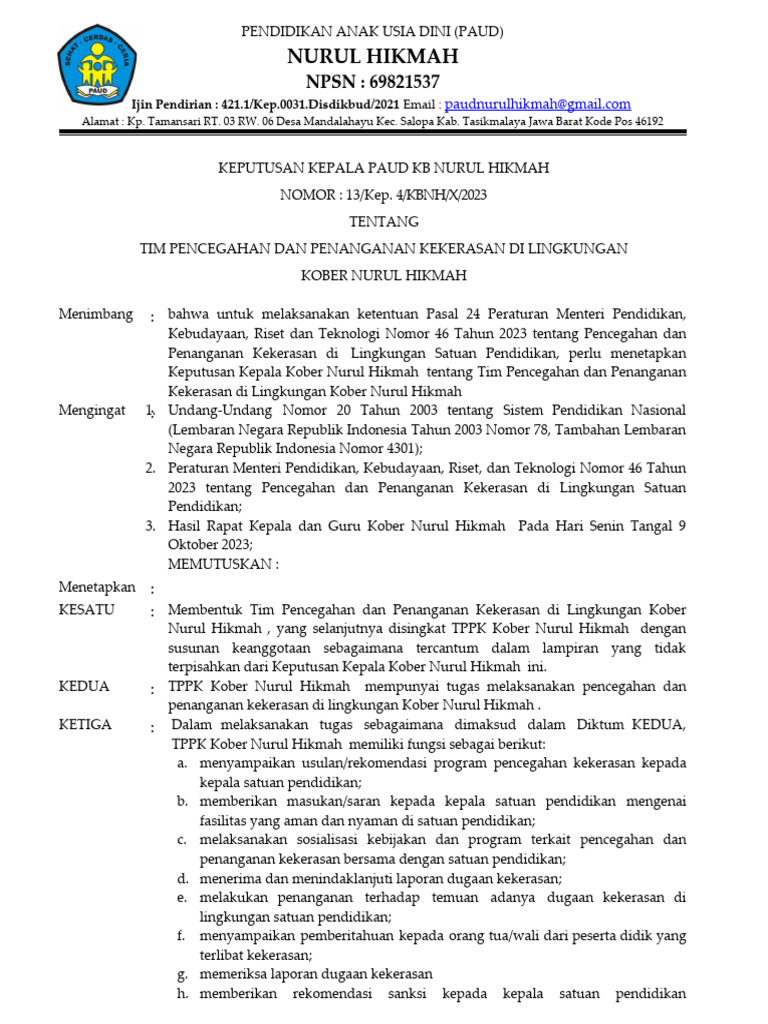 Lampiran 2 - Contoh SK Kepala Satuan Pendidikan Pembentukan TPPK | PDF