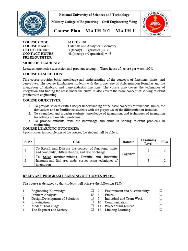 Course Plan - MATH-101 - MATH-I | PDF | Integral | Derivative