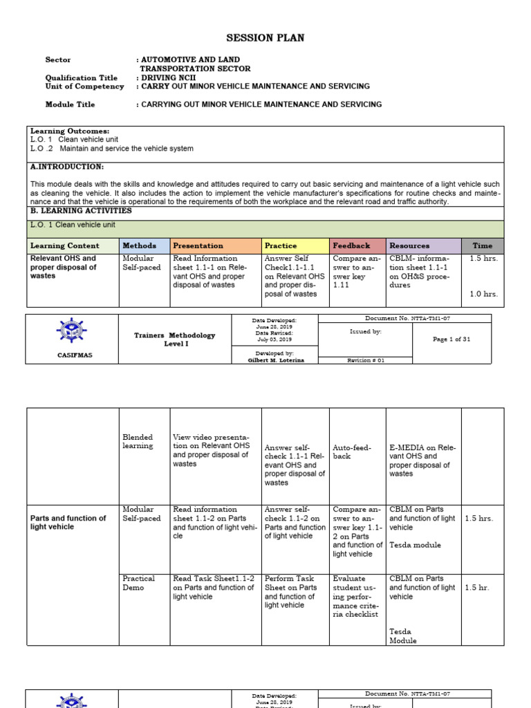 06 Session Plan Driving NC II by GML | PDF | Cognition | Learning